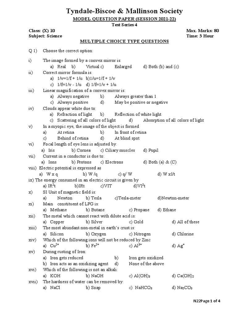 Science Class 10 Model Paper 4 | PDF | Eye | Chemical Substances