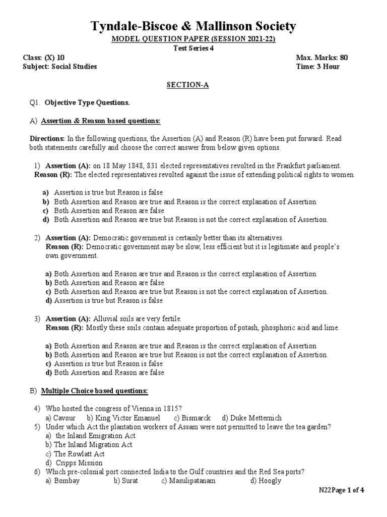 Class 10 Social Studies Model Paper | PDF | French Revolution