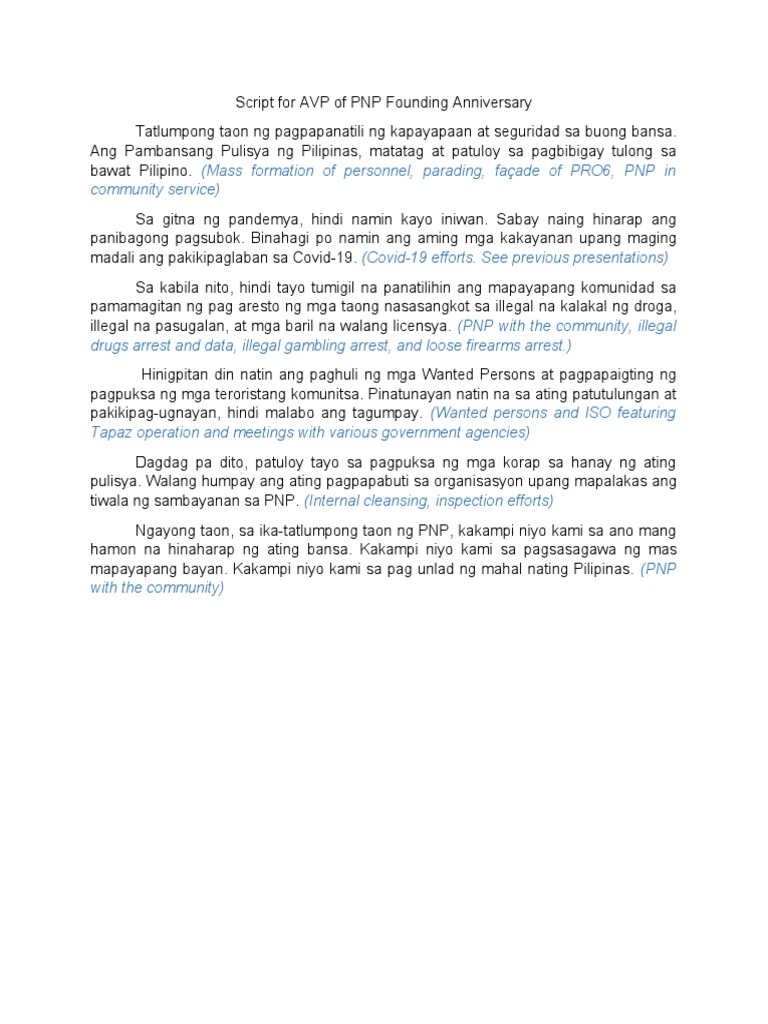 Script For AVP of PNP Founding Anniversary | PDF