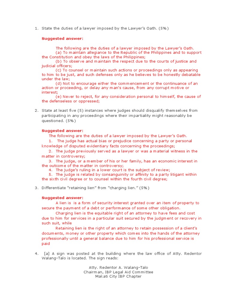 Legal Ethics - 2016 BAR Questions Final | PDF | Lawyer | Lawsuit