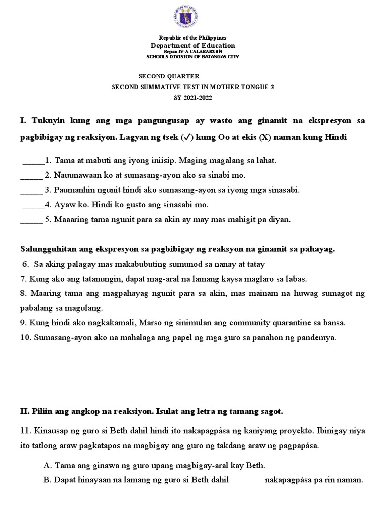 MTB MLE Second Summative Test | PDF