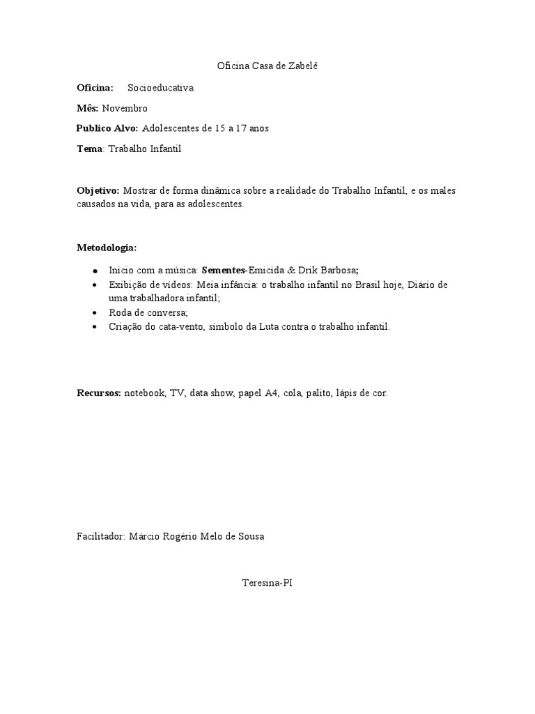 Oficina Sobre Trabalho Infantil | PDF | Bem-estar Oficina Sobre Trabalho Infantil | PDF | Bem-estar