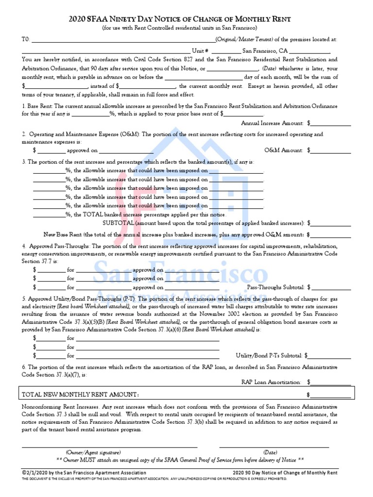 2020 SFAA 90 Day Notice of Change of Monthly Rent | PDF | Leasehold ...