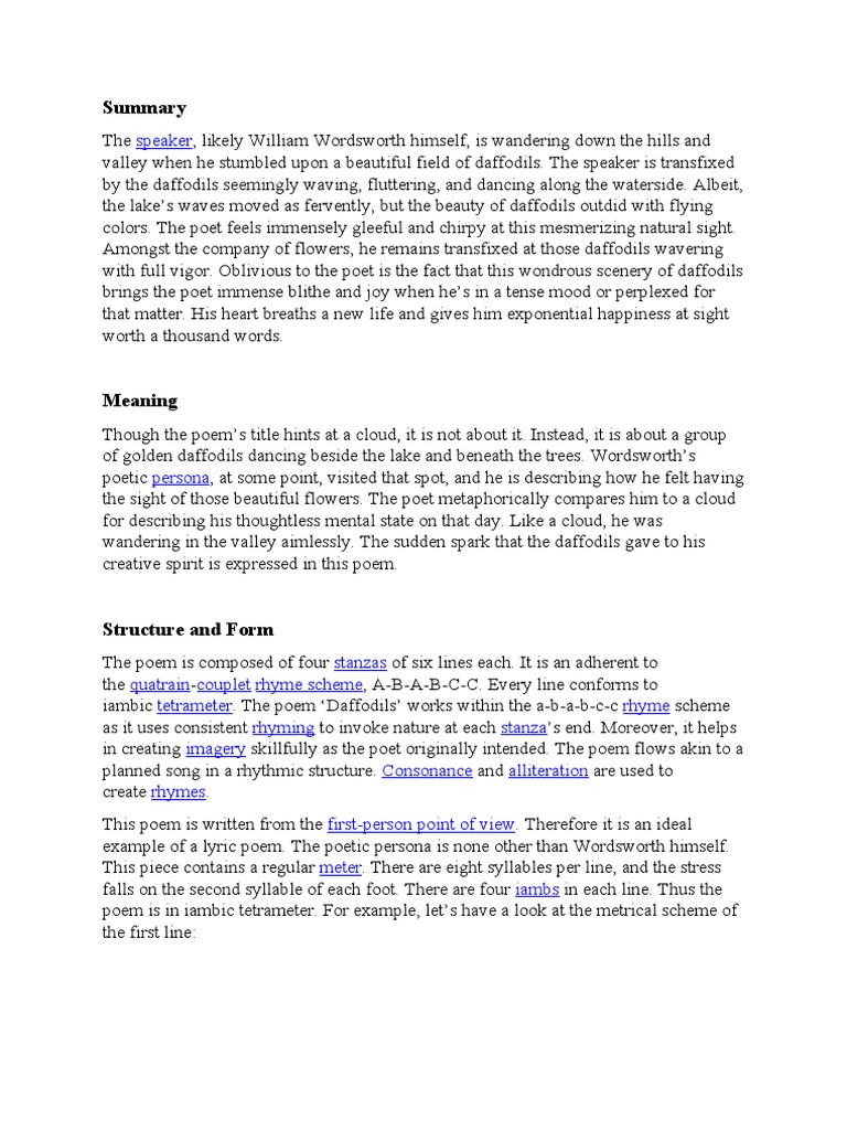 Wordsworth's Daffodils Analysis | PDF | Poetry | Metre (Poetry)