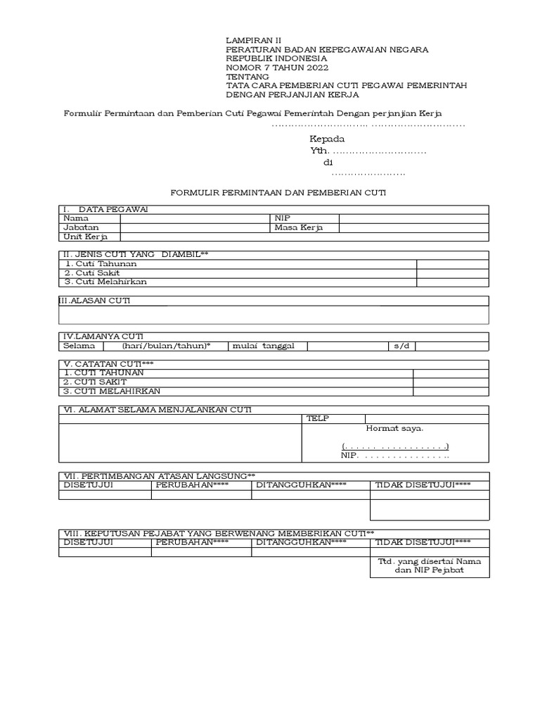 PPPK Formuli Cuti - Perbkn No 7 Tahun 2022 | PDF