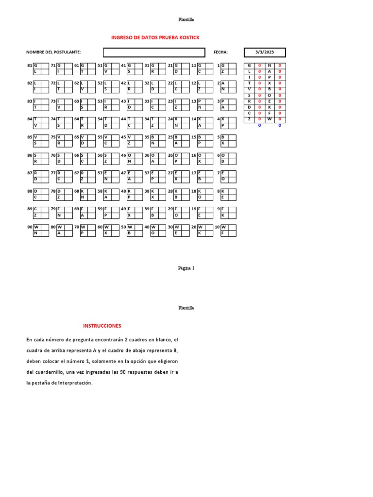Plantilla Prueba Kostick PDF | PDF