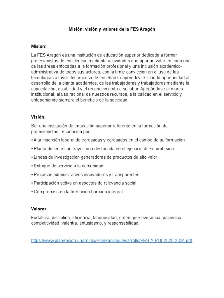 Misión y visión de la FES Aragón | PDF | Crecimiento personal y ...