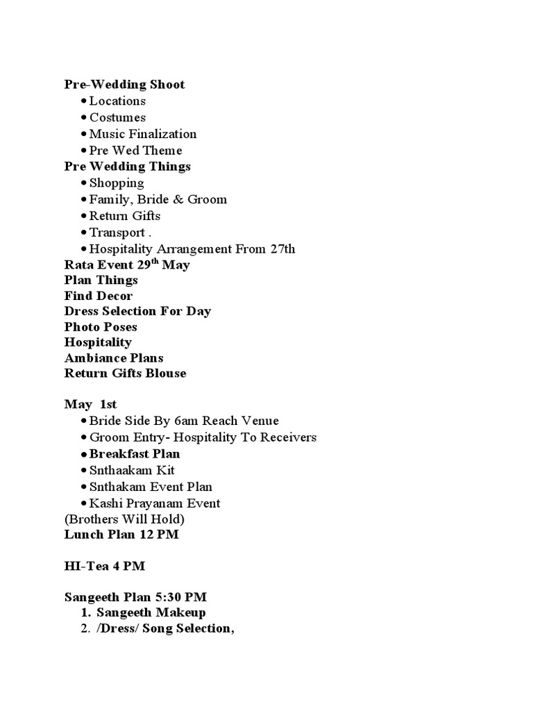 Pre Wed Plan | PDF | Cooking, Food & Wine