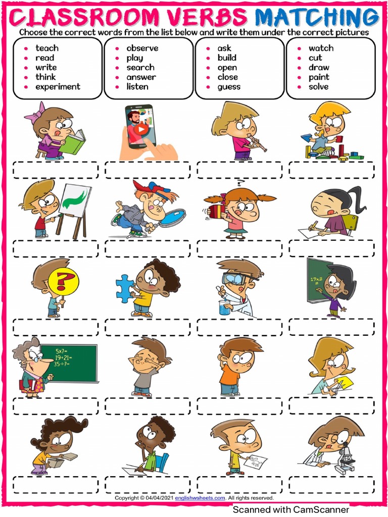 Classroom Verbs Vocabulary Esl Matching | PDF