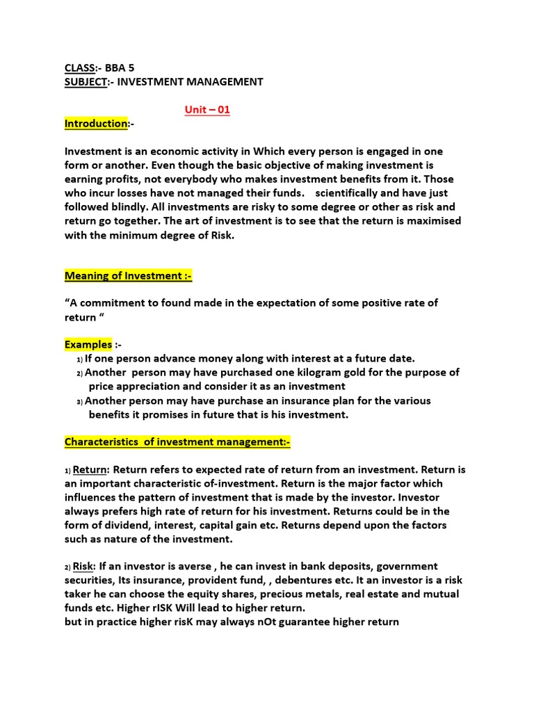 BBA 5th Sem Investment Management Introduction | PDF | Investing ... BBA 5th Sem Investment Management Introduction | PDF | Investing ...