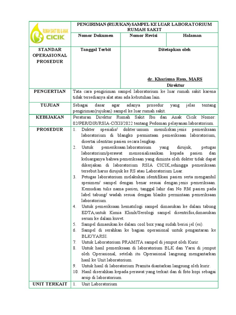 TERVERIFIKASI AMEL SOP Pengiriman Sampel Rujukan | PDF
