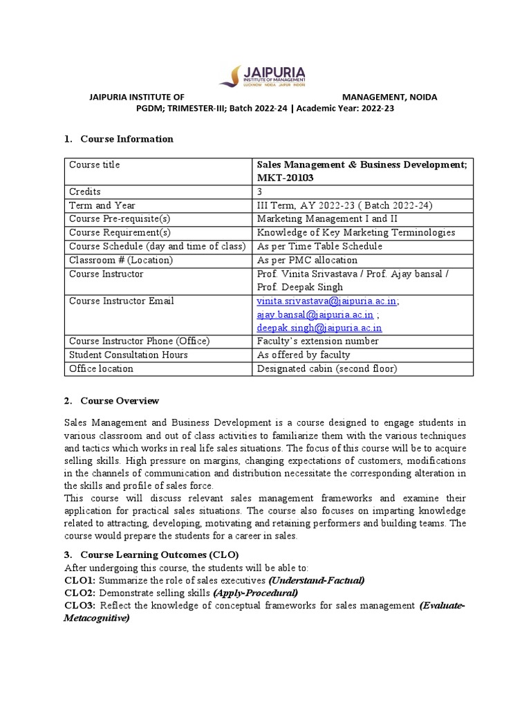 Sales Management Course Outline: Preparing Students for a Career in ...