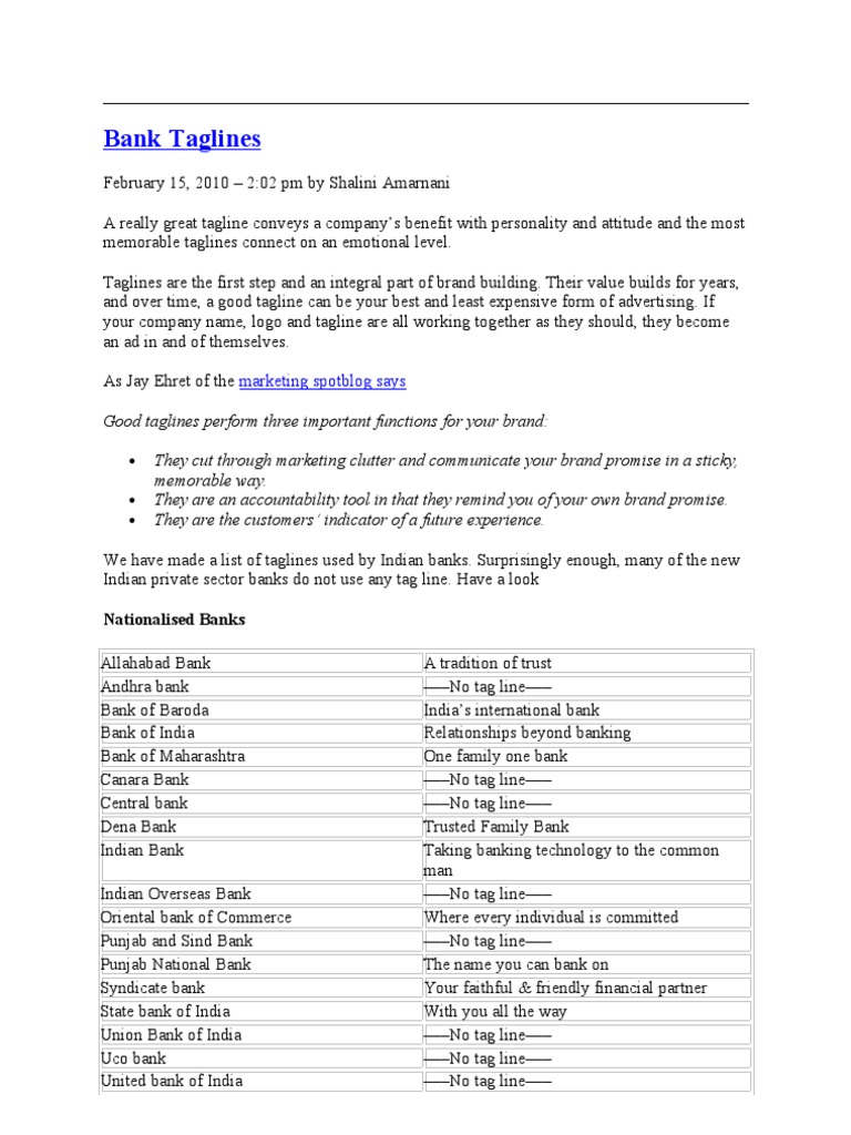 Indian Bank Taglines Overview | PDF | Brand | Economy Related Organizations
