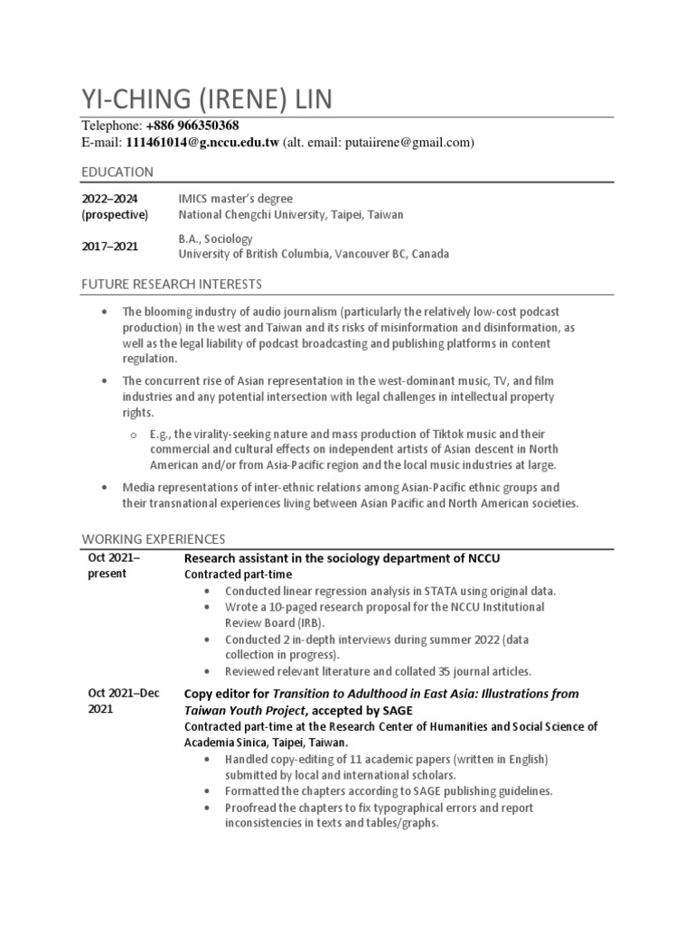 Lin, Yi-Ching Irene - CV | Download Free PDF | Internet Forum ...