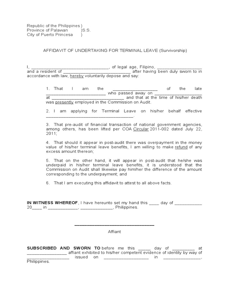 AFFIDAVIT OF UNDERTAKING FOR TERMINAL LEAVE (Survivorship) | PDF