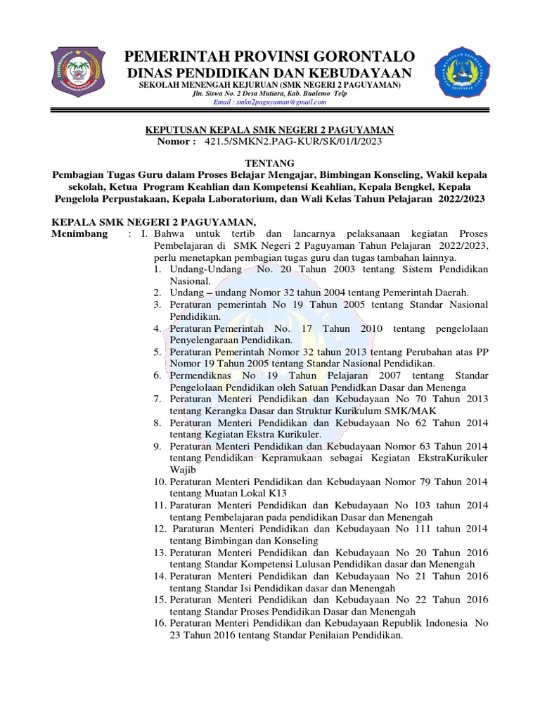 New SMKN 2 Paguyaman SK Pembagian Tugas Semester Genap 2022 - 2023 | PDF