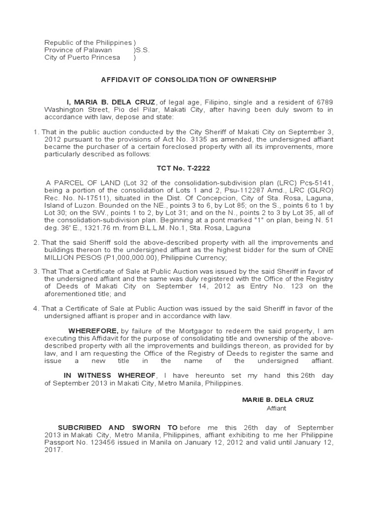 Affidavit of Consolidation of Ownership | PDF | Affidavit | Civil Law (Common Law)