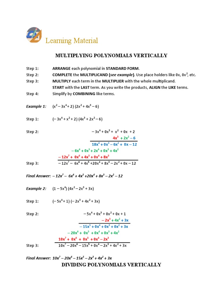 Multiplying and Dividing Polynomials Supp Material | PDF | Division ...