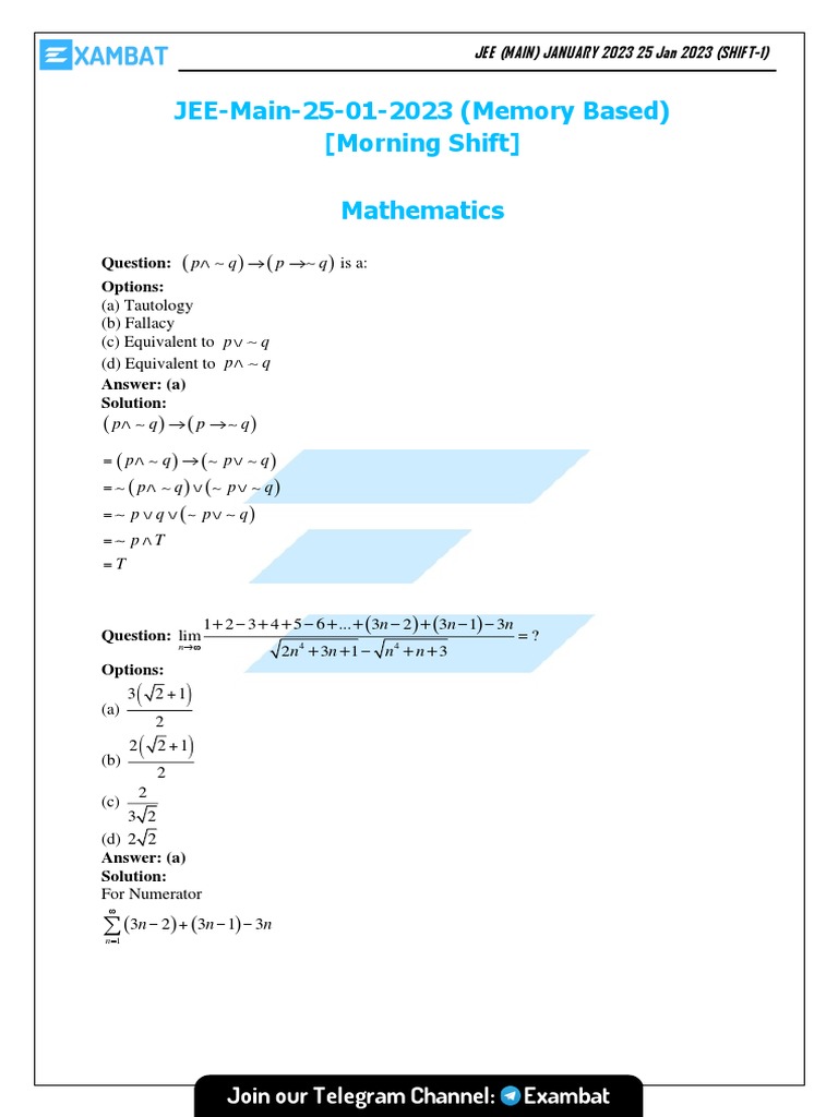 Jee Main 25 Jan Shift 1 Maths Memory Based Question Paper With Solution | PDF | Mathematics ...