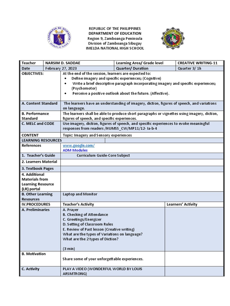 Lesson Plan in Creative Writing | Download Free PDF | Senses | Learning