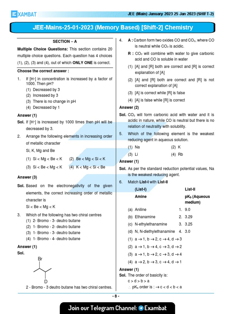 Jee Main 25 Jan Shift 2 Chemistry Memory Based Question Paper With ...