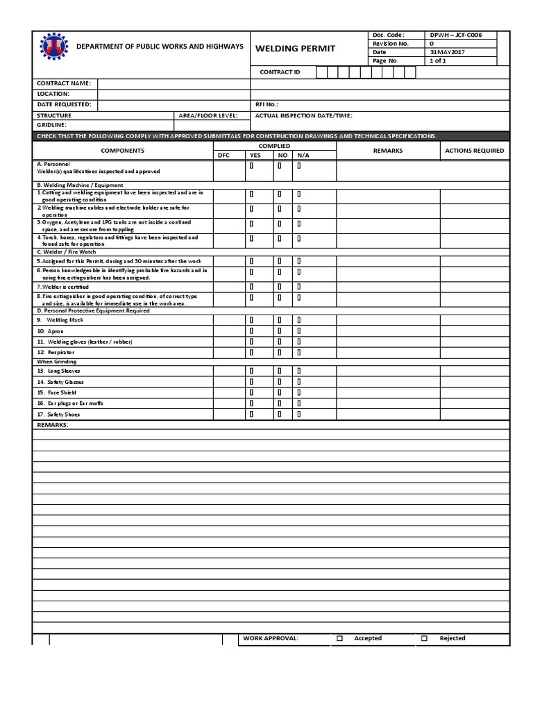 JCF-C006 - Welding Permit | PDF | Welding | Construction