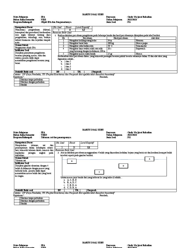 Kartu Soal US IPA | PDF