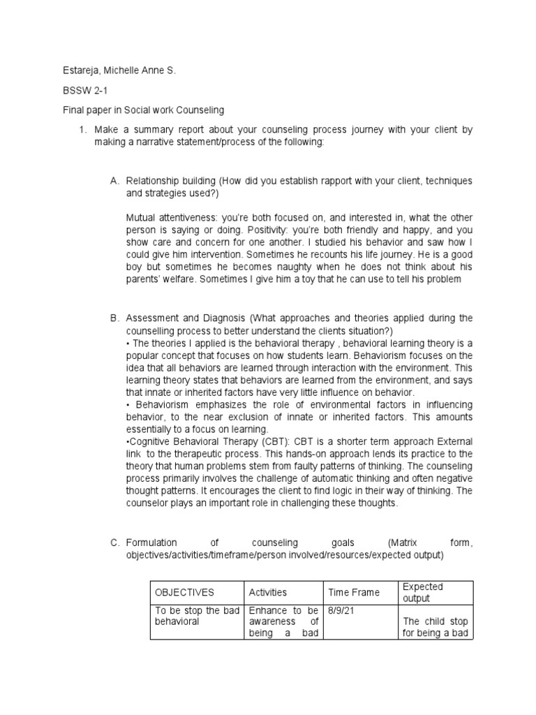 Estareja, Michelle Anne S BSSW 2-1 Final Paper Counseling | Download ...
