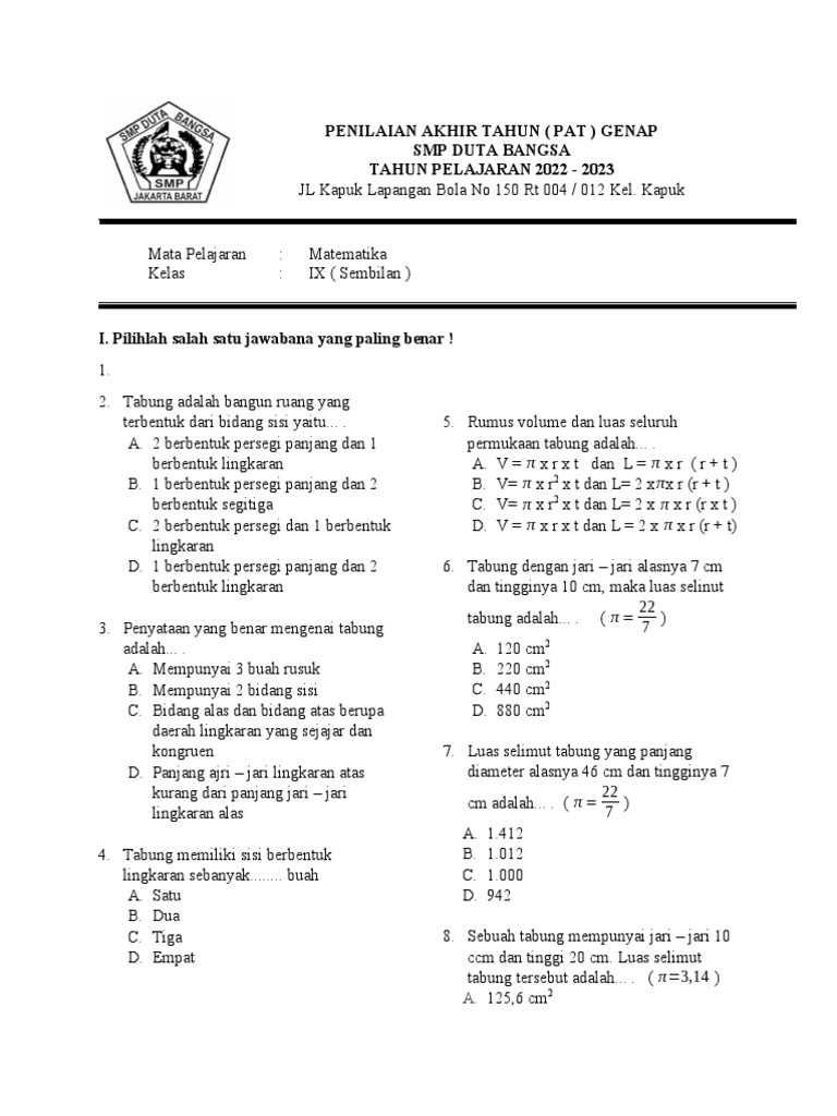 Soal Pat MTK Kls 9-1 | PDF