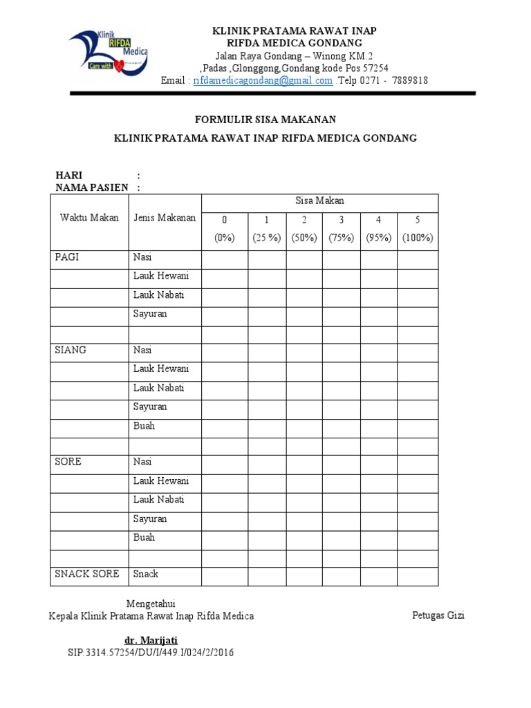 FORMULIR SISA MAKAN PASIEN Klinik | PDF