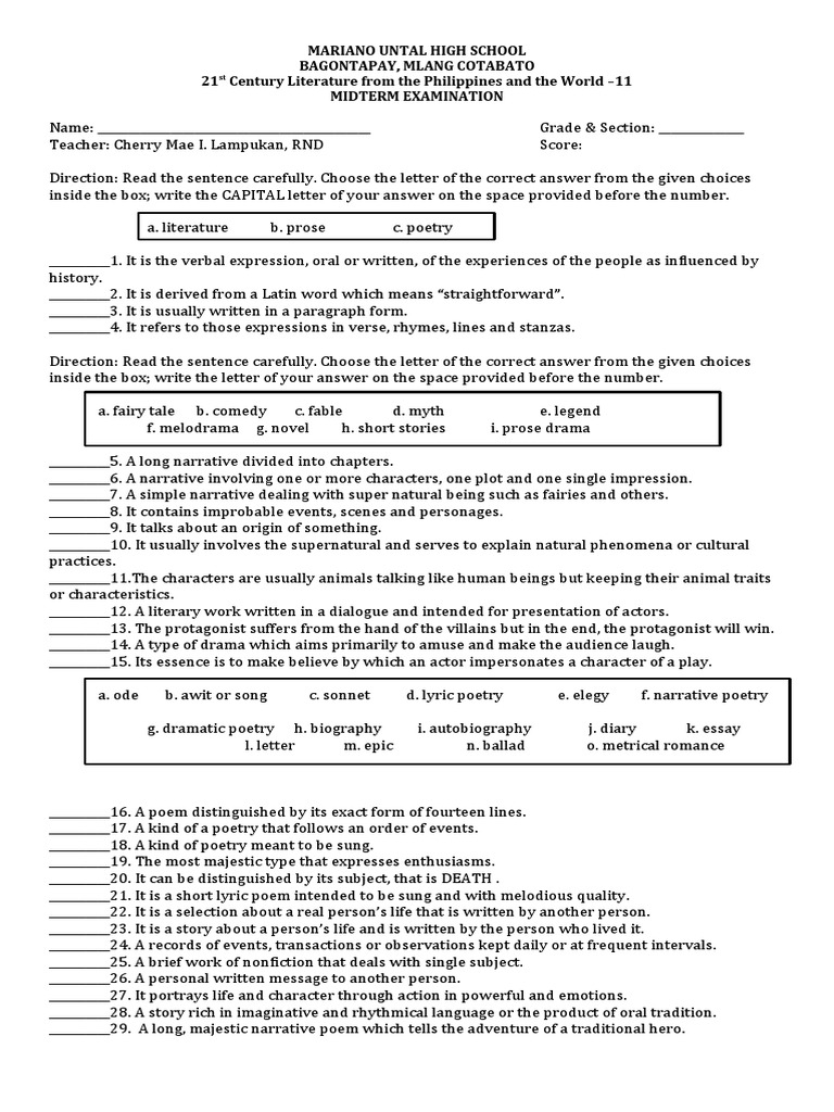 21st Century Literature - MIDTERM EXAM | PDF | Poetry | Narrative