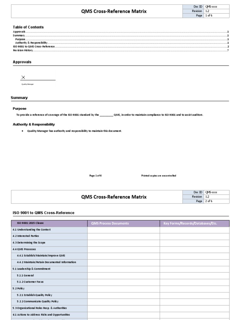QMS Cross-Reference Matrix BLANK | PDF | Quality Management System ...