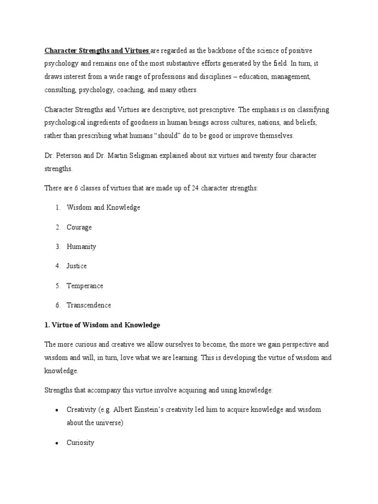 Character Strengths | PDF | Virtue | Humility