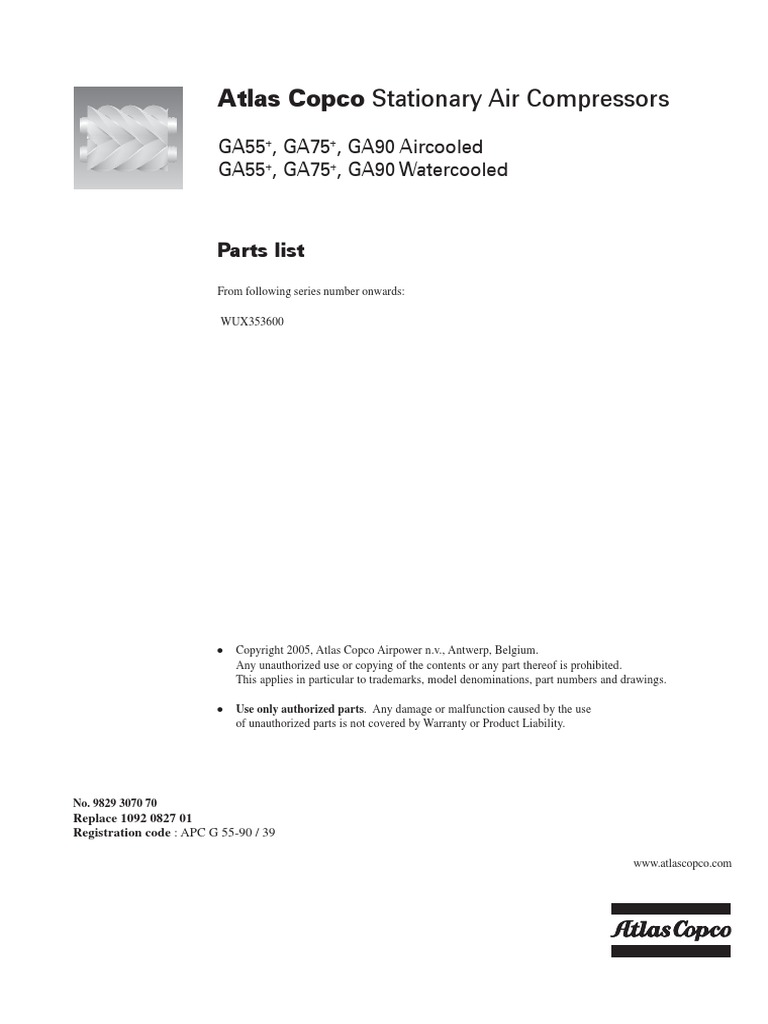 Atlas Copco Stationary Air Compressors: GA55, GA75, GA90 Aircooled GA55 ...