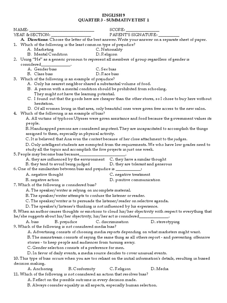 Q3 Summative Test1 | PDF | Bias | Prejudices