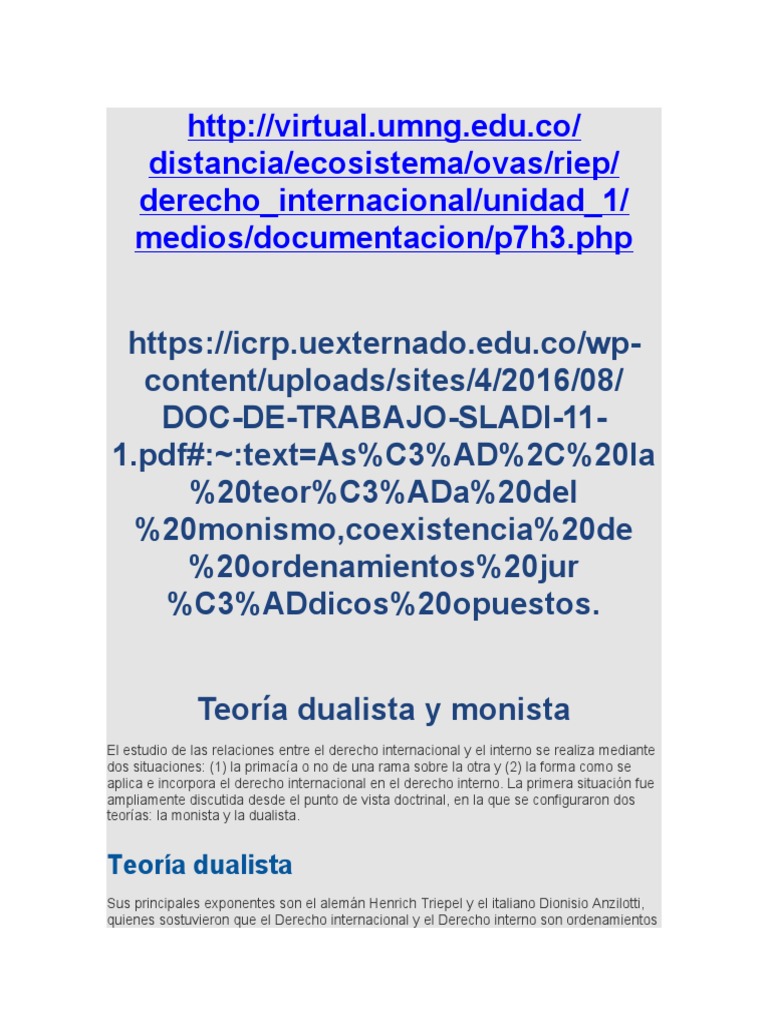 Teorías dualista y monista sobre las relaciones entre el derecho ...