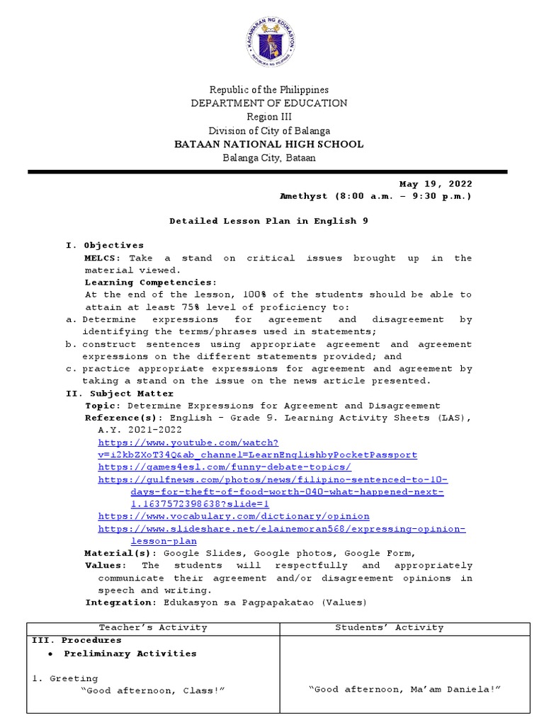 Agreement and Disagreement Lesson Plan | PDF | Lesson Plan | Cognition