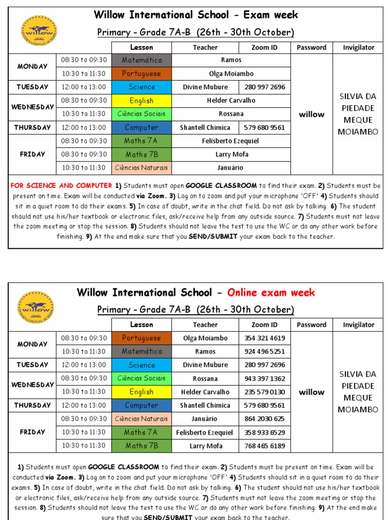 Grade 7A-B (Physical and Online Examination Schedule) | PDF