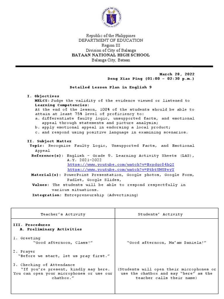 English 9 Lesson Plan: Logic & Appeals | PDF | Emotions | Critical Thinking