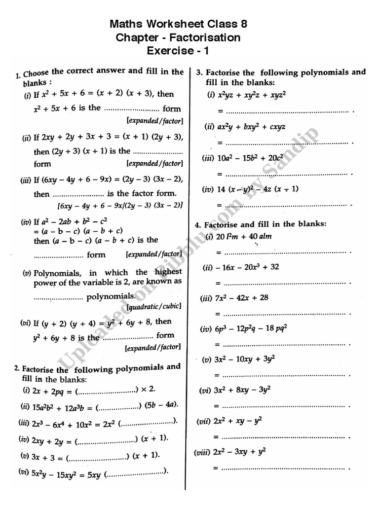 Class 8 Maths Worksheet 1 Factorisation Pdf