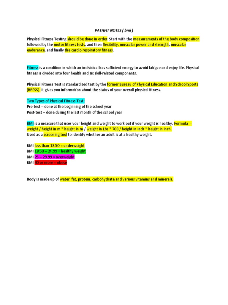 PATHFIT NOTES Bmi | PDF