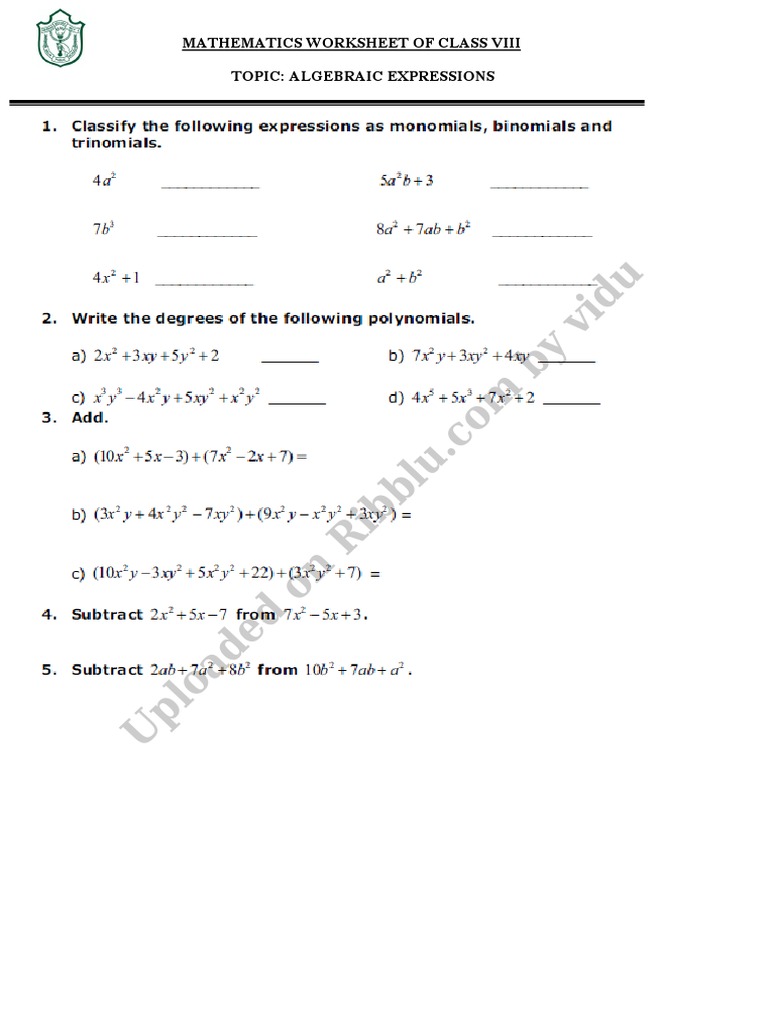 Algebraic Expressions Worksheet For Class 8 Maths 2021 | PDF Algebraic Expressions Worksheet For Class 8 Maths 2021 | PDF