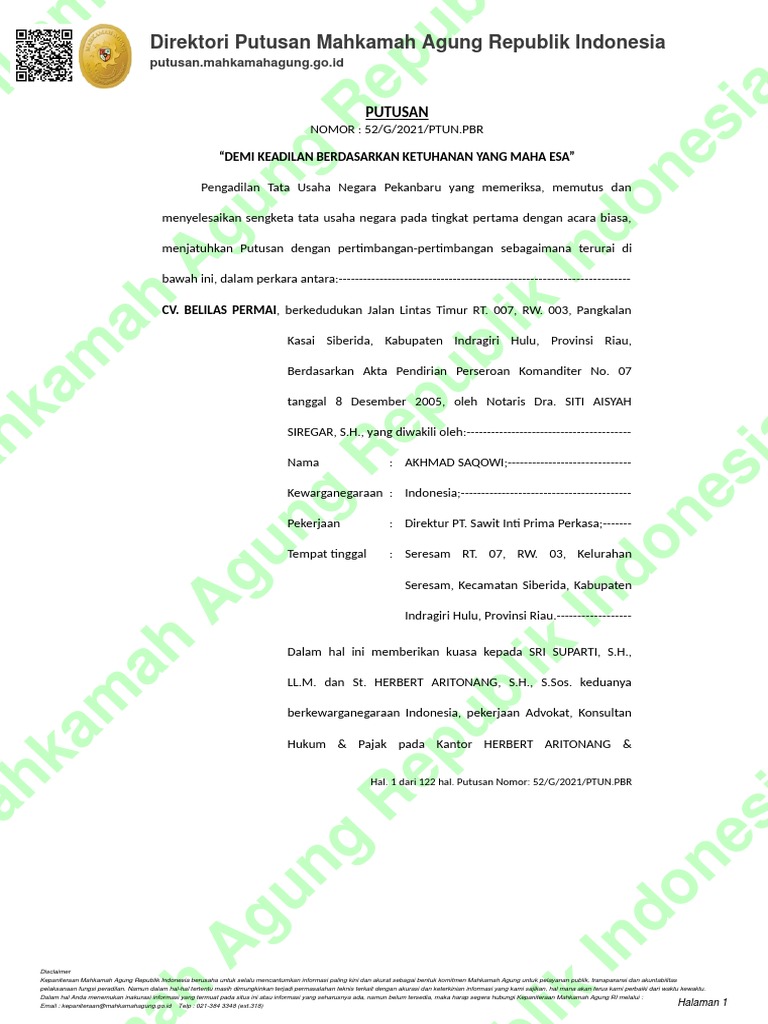 Putusan 52 G 2021 Ptun - PBR 20230209120327 | PDF