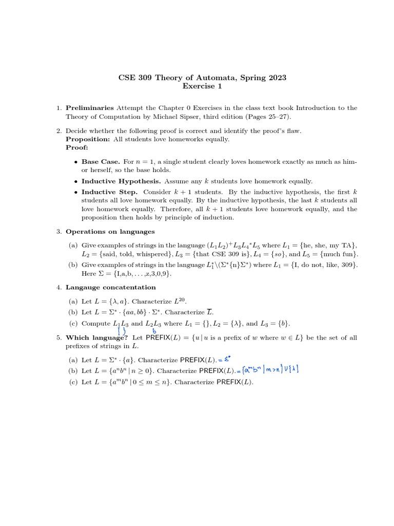 CSE 309 Theory of Automata, Spring 2023 Exercise 1 | PDF | Language Arts & Discipline | Teaching ...