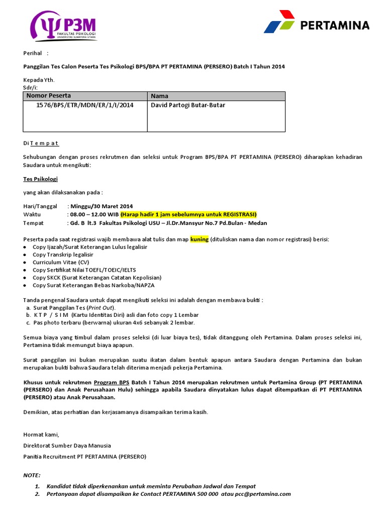 Panggilan Pertamina Psikotes Bps Bpa 2014 Shift I (Pagi) | PDF