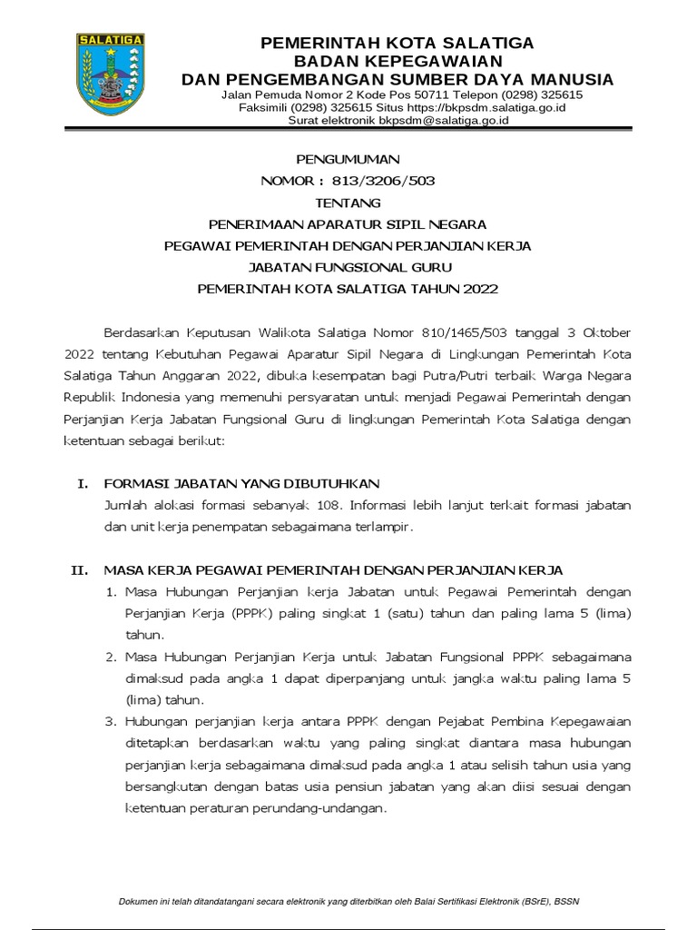 Pengumuman Penerimaan ASN PPPK Jabatan Fungsional Guru Pemerintah Kota Salatiga Tahun 2022 | PDF ...