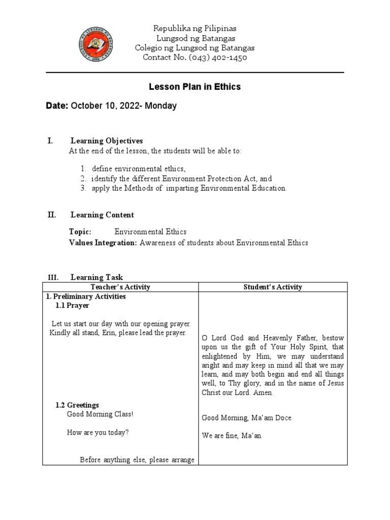 Lesson Plan in Ethics | PDF | Natural Environment | Pollution