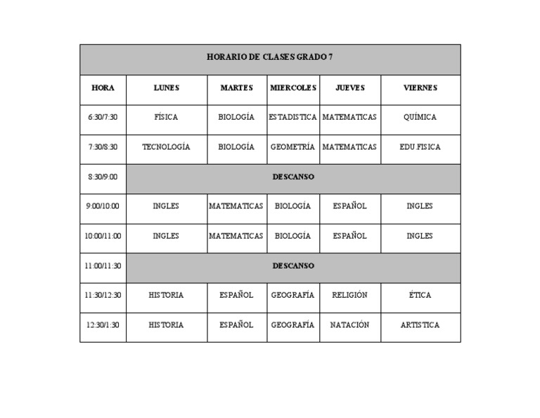 Horario de Clases Grado 7 | PDF | Salud y bienestar