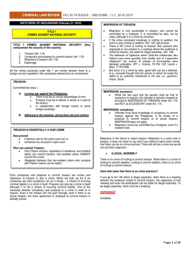 Crim Rev Transcript Midterms | PDF | Treason | Detention (Imprisonment)