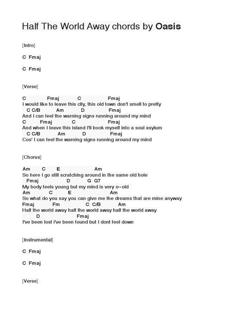 Half The World Away Chords by Oasis | PDF